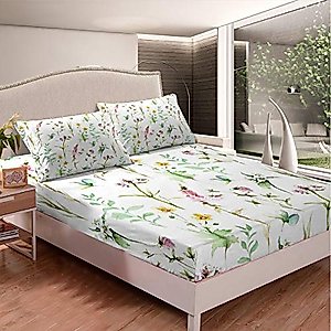 Girls Bed Sheet Set Twin Size Floral Print Fitted Sheet for Kids Teens Bedroom Decor Chic Blossom Flowers Botanical Beding Set Microfiber Soft Nature Leaf Bed Cover with 1 Pillow Case