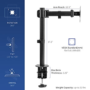 VIVO Single 13 to 32 inch Computer Monitor Desk Mount, Short Adjustable Arm, VESA Stand for 1 Screen, Max VESA 100x100, Black, STAND-V001E
