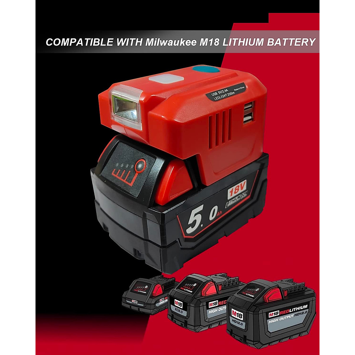 150W Power Inverter Fit for Milwaukee M18 18V Battery, DC 18V to AC 120V Portable Battery Inverter Generator with Dual USB and AC Charger Adapter and 200LM LED Light Power Supply Station