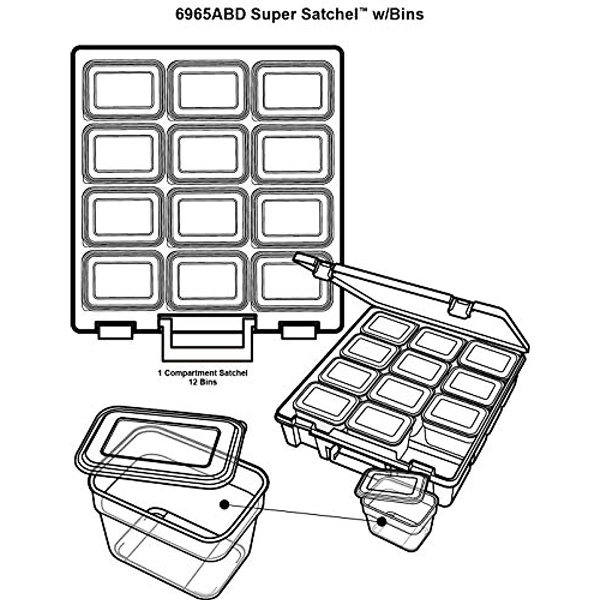 AB Designs 6965ABD Super Satchel with 9 Small Bins Inside, Stackable Home Storage Organization Container, Clear with Sliver Latches and Handle