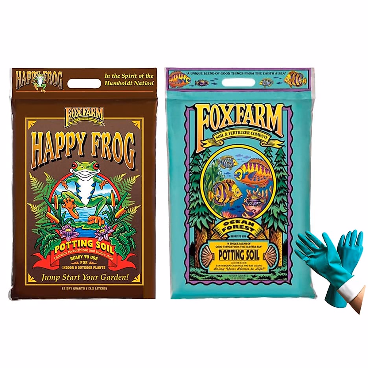 Fox Farm Ocean Forest and Happy Frog Potting Soil Organic Natural Soil Mix for Indoor and Outdoor Plants - Organic Plant Fertilizer - (12 Quart). - (Bundled with Pearsons Protective Gloves) (2 Pack)