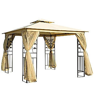 Outsunny 10' x 10' Metal Patio Gazebo, Double Roof Outdoor Gazebo Canopy Shelter with Tree Motifs Corner Frame and Netting, for Garden, Lawn, Backyard, and Deck, Beige