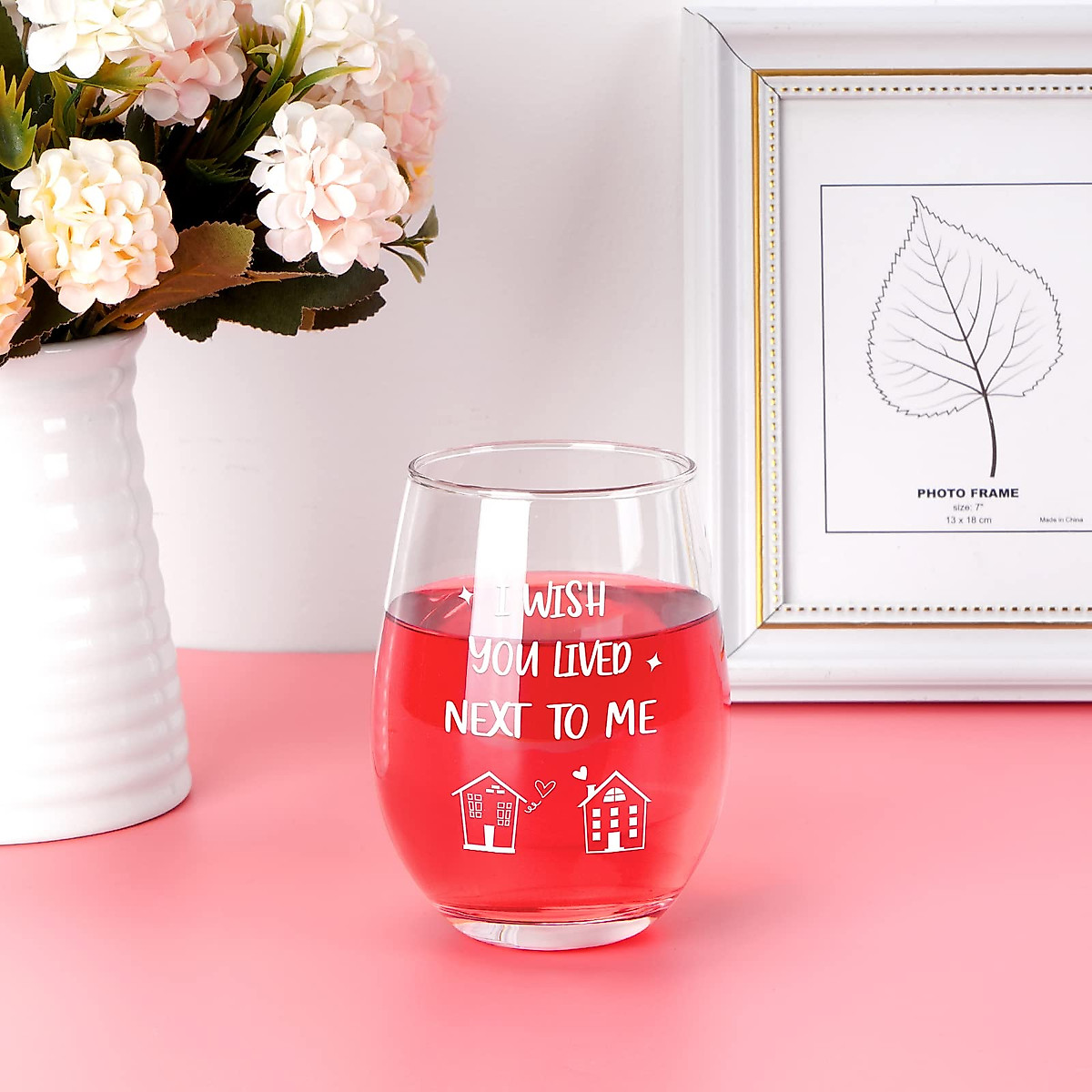 Modwnfy Friendship Gifts for Women Friends, I Wish You Lived Next To Me Stemless Wine Glass Gifts for Friend Best Friend Bestie Sisters, Long Distance Friendship Gifts for Birthday Christmas 17 Oz