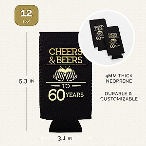 Cheers and Beers to 60 Years Can Coolers, 60th Birthday Party Coolies, Set of 12, Black and Gold Can Coolers, Perfect for Birthday Parties, Birthday Decorations