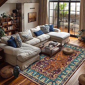 Tibetan Tiger Rug Boho Leopard Print Rug 4x5 ft Animal Print Area Rug for Bedroom Yellow Tiger Carpet for Living Room Non-Slip Washable Door Mat