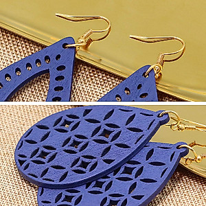 Wovanoo Wooden Cut-out Drop Earrings 2 Pairs Natural Wood Dangle Teardrop Jewelry Gifts Blue Oval