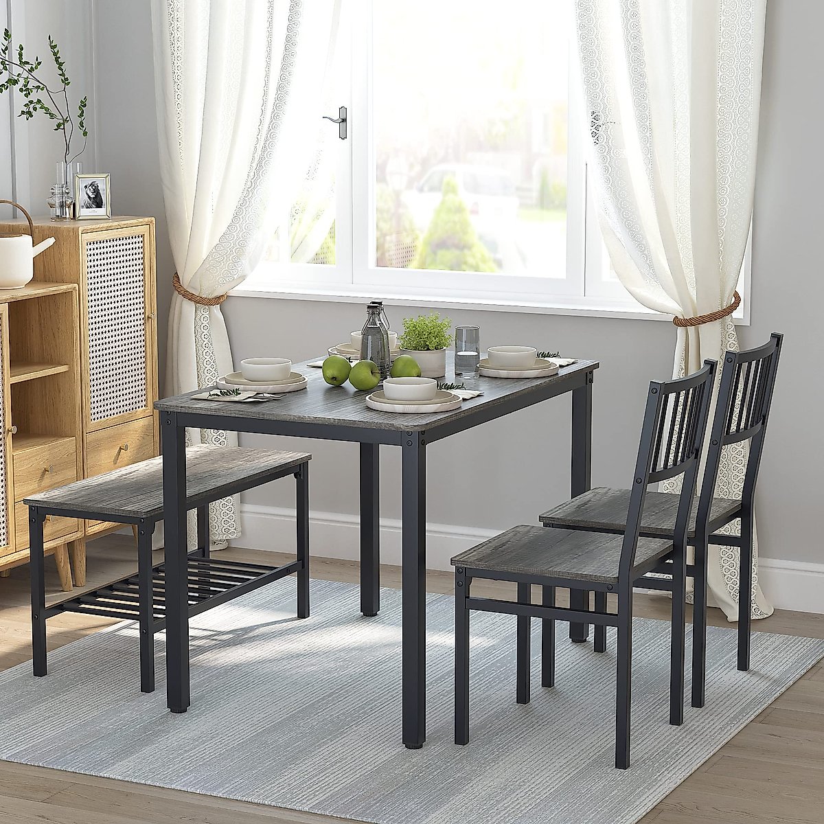 Teraves Dining Table Set for 4/Computer Desk,Kitchen Table with 2 Chairs and a Bench,Table and Chairs Dining Set 4 Picce Set for Dining Room (Black Oak+Black Frame,120CM)