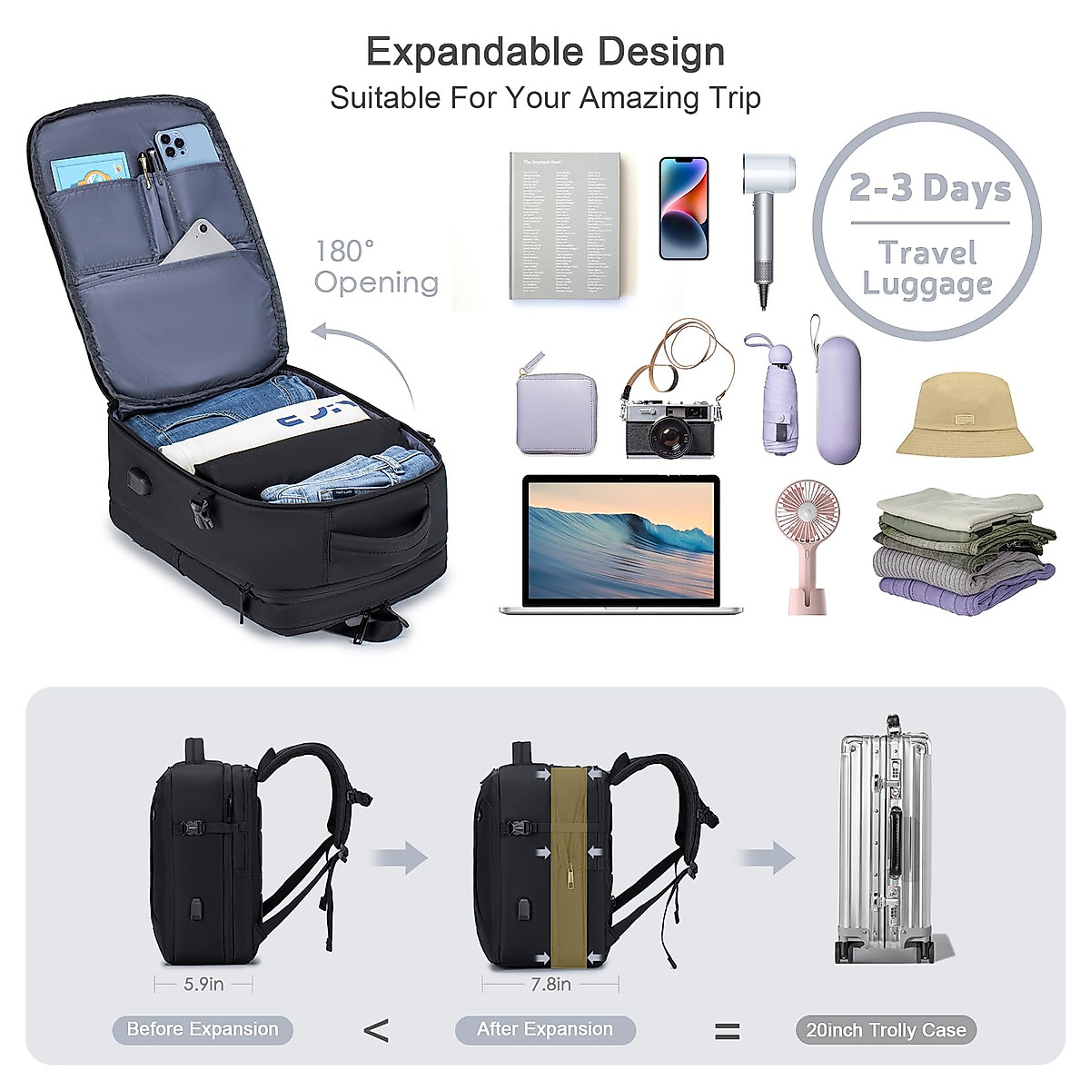 COSCOOA Expandable Travel Backpack for Men Women 15.7x7.8x9.8 Inch 20L Small Flight Approved Carry On Backpack 15.6 Inch Laptop College Daypack Weekender Bag