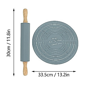 Non Stick Rolling Pin and Silicone Baking Mat, Round Non Stick Pastry Mat, Non stick Silicone Dough Rollers Set with Measurements Kneading Pastry Mat,Rolling Pin Pastry Baking Mat,Baking Tool(Grey)