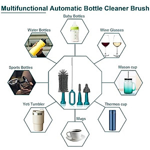 WHNL Electric Bottle Brush Set, 360°Automatic Bottle Cleaner Brush with 3 Sizes Replaceable Silicone Bottle Brush and Straw Cleaner Brush,Extension Handle for Long Bottles.IPX65& Rechargeable (Green)
