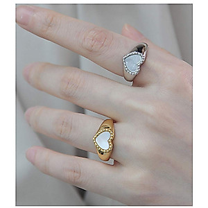 Vintage Heart S925 Sterling Silver Ring for Women Dainty Engagement Promise Love Expandable Open Finger Statement Stacking Rings Adjustable Fashion Valentine Mother's Day Shell Pearl Gold