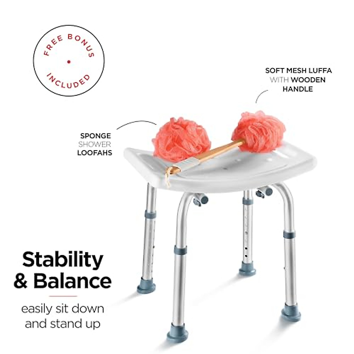 Shower Chair - with Back Scrubber & Additional Sponge - Tool Free Shower Chair for Elderly - with 8 Adjustable Heights - Portable Anti Slip Bath Chair for Elderly