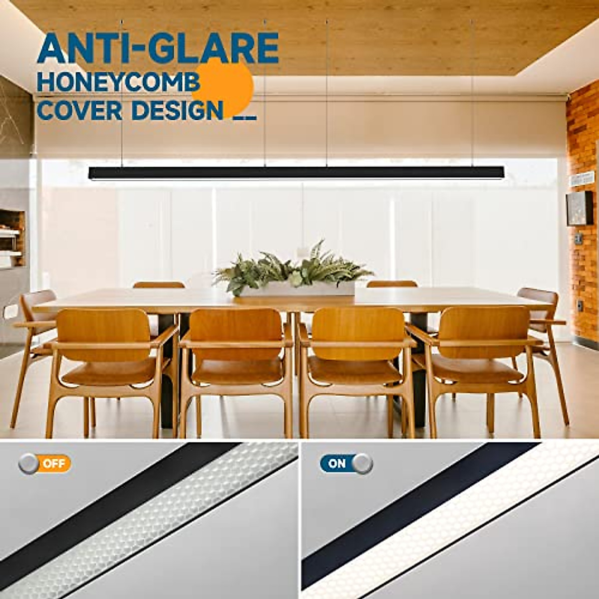 Barrina LED Linear Light, Anti-Glare Honeycomb Cover Hanging Light, 2700K 4000K 5000K Color Changing, 4FT Linkable Office Shop Light, Seamless Connection, 4 Pack Black, 5568 Honeycomb Cover Series