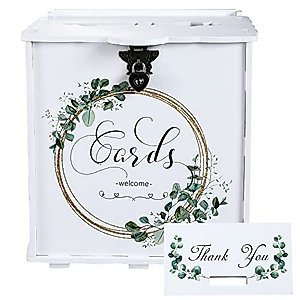 Wedding Card Box Elegant White Wooden Wedding Card Box with Lock for Wedding Reception Anniversary Graduation Birthday Parties Baby Shower Large Card Holder, 9.9 x 9.8 x 8.5 Inches