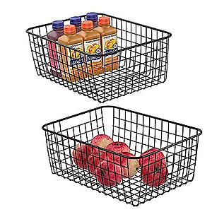 HDYOUDO Metal Wire Food Storage Basket Organizer with Wooden Handles for Organizing Kitchen Cabinets, 2 Packs-Black-large