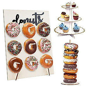 FHDUSRYO Wood Reusable Bagel Donut Stand, Wooden Donut Wall Stand and White Gold 3-Tier Cardboard Cupcake Stand for Wedding, Birthdays, Party Decoration