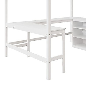 GYYBED Full Size Wooden Loft Bed with 3 Storage Shelves and Built-in L-Shape Desk for Kids Teens Adults Full Size loft Bed with Desk Full Size loft Bed loft Bed with Desk(White + Wood)