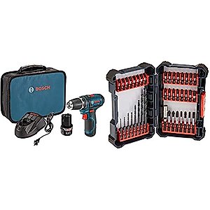 BOSCH PS31-2A 12V Max 3/8 In. Drill/Driver Kit with (2) 2 Ah Batteries and BOSCH DDMS40 40-Piece Assorted Impact Tough Drill Drive Custom Case System Set