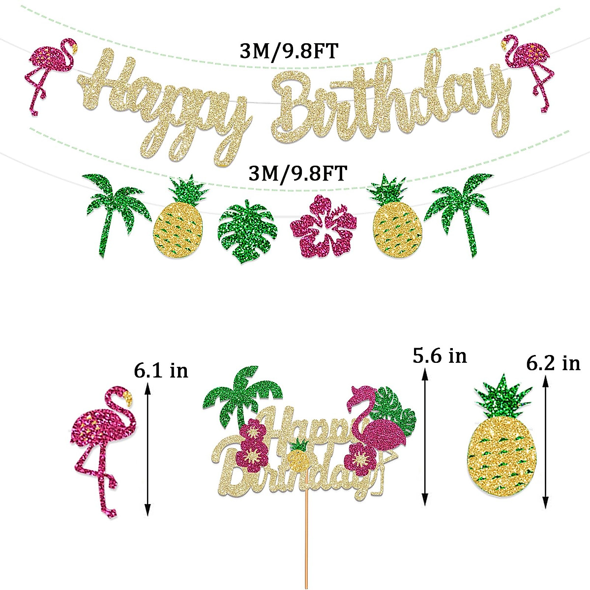 Glitter Tropical Happy Birthday Banner Luau Birthday Banner and Birthday Cake Toppers Flamingo Flower Banner for Summer Birthday Party Decorations Theme Baby Shower Supplies