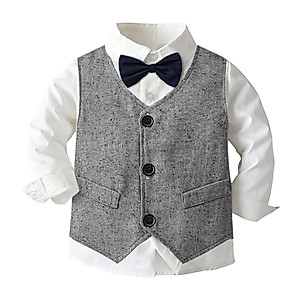 SANGTREE Boys Tuxedo Outfits Suits, Button-Up Formal White Bow Tie Shirt + Vest + Suspender Pants Wedding Party Clothes Set, Grey Claws, 12-18 Months = Tag 80