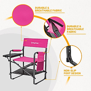 KingCamp Directors Side Table Heavy Duty Support 300LBS Adults with Pockets Outdoor Portable Folding Camp Chair for Beach, Fishing,Trip,Picnic,Lawn,Concert, Oversized, 1-Pink