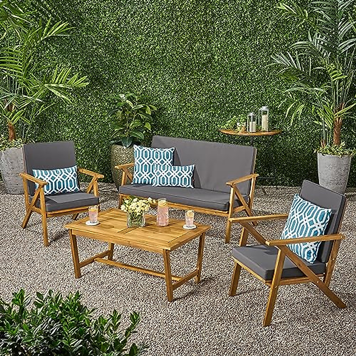 Christopher Knight Home Panama Outdoor Acacia Wood Chat Set with Water Resistant Cushions, 4-Pcs Set, Teak Finish / Grey
