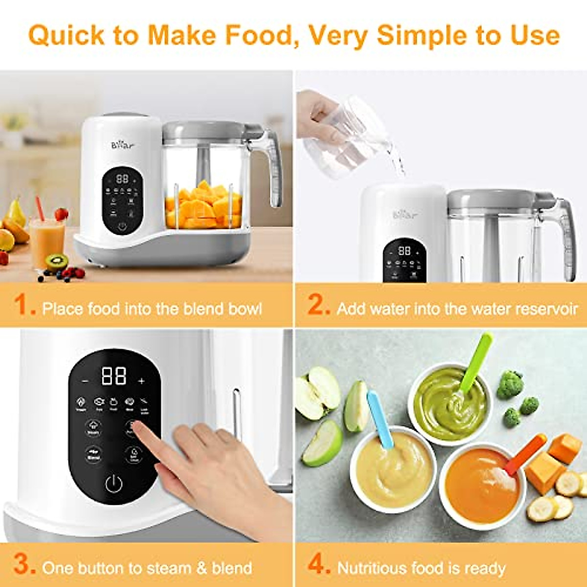 BEAR 2023 Baby Food Maker | One Step Baby Food Processor Steamer Puree Blender | Auto Cooking & Grinding | Baby Food Puree Maker with Self Cleans | Touch Screen Control