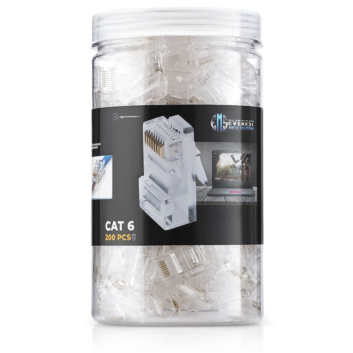 Everest Media Solutions RJ45 Cat6 Pass Through Connectors - Pack of 200 - EZ to Crimp Modular Plug for Solid or Stranded UTP Network Cable - Male Ethernet Connector End