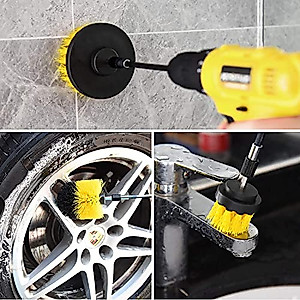 CLEAFOU 4 Pcs Drill Brush Attachment Set with Extend Attachment All Purpose Power Scrubber Brush Cleaning Kit for Bathroom Surfaces, Grout, Floor, Tub, Shower, Tile, Kitchen and Car, Yellow