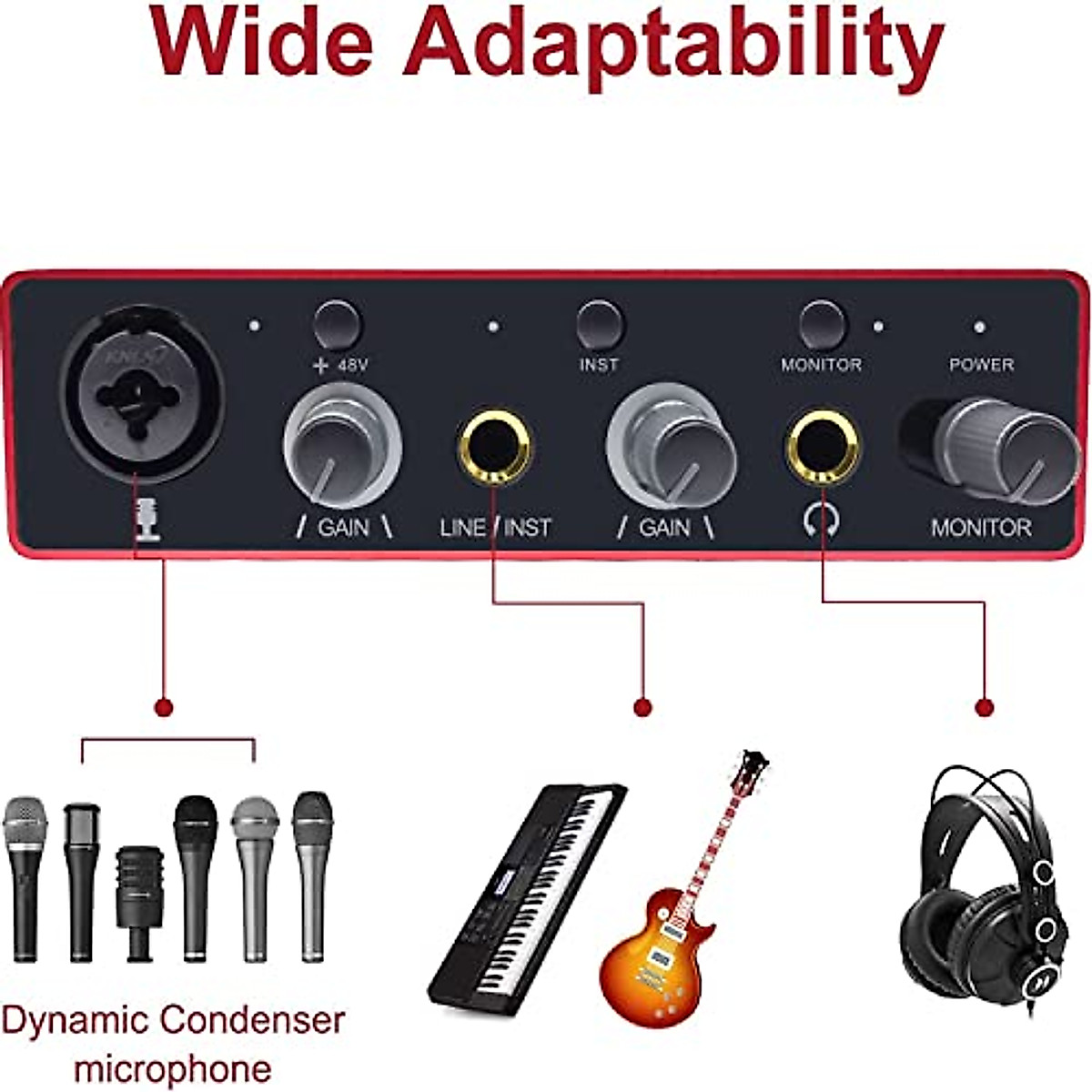 Audio Interface USB Audio Interface with Mic Preamplifier USB Audio Mixer Recorder with 48V Phantom Power, 24 Bit, Support Tablet, Computers and Other Equipment Recording （NO DAW Software included）