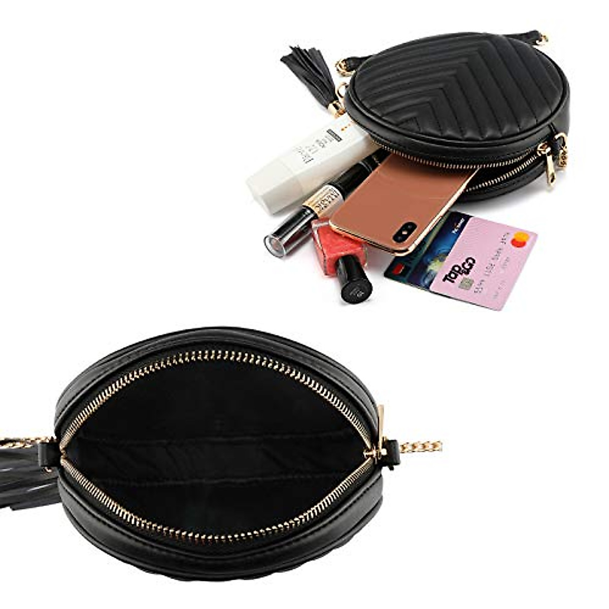 CHIC DIARY Small Crossbody Bags for Women Round Quilted Purse with Tassel Faxu Leather Shoulder bag (Black)