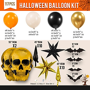 Halloween Orange Black Balloon Garland Arch Kit 117 Pcs and White Gold with Mylar Skull Star Balloons and 3D Bats for Fall Halloween Birthday Baby Shower Decorations