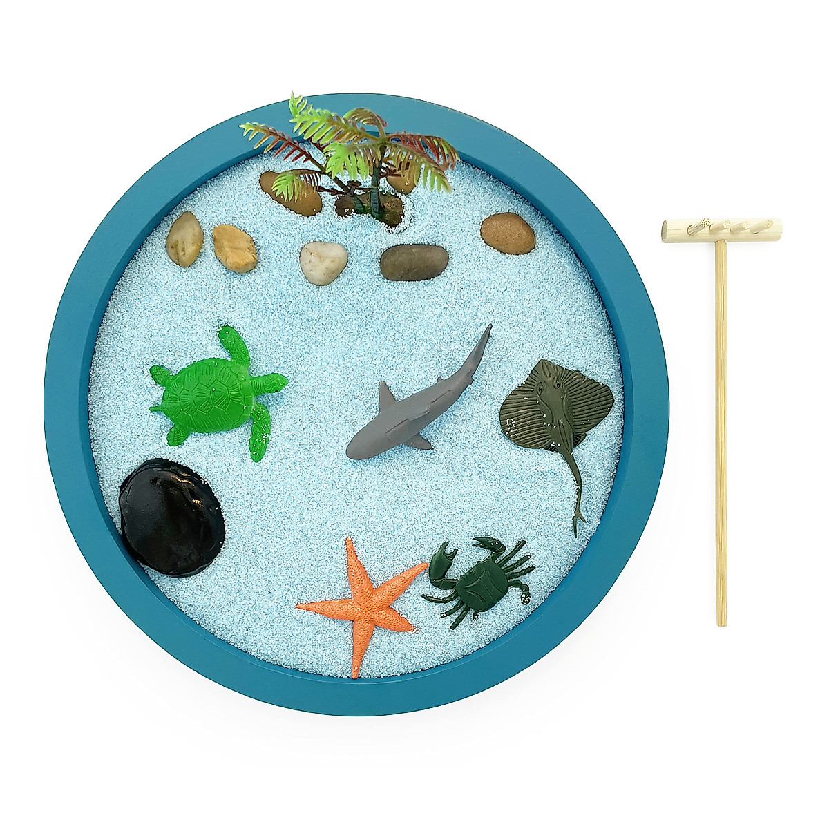 Japanese Zen Garden Mini Kit for Desk - Ocean Beach Theme - Relaxation, Meditation & Mindfulness - Gift for Birthdays, Christmas, Etc. - Includes Rake, Sand, 10+ Accessories! - Tray Diameter 8.5"