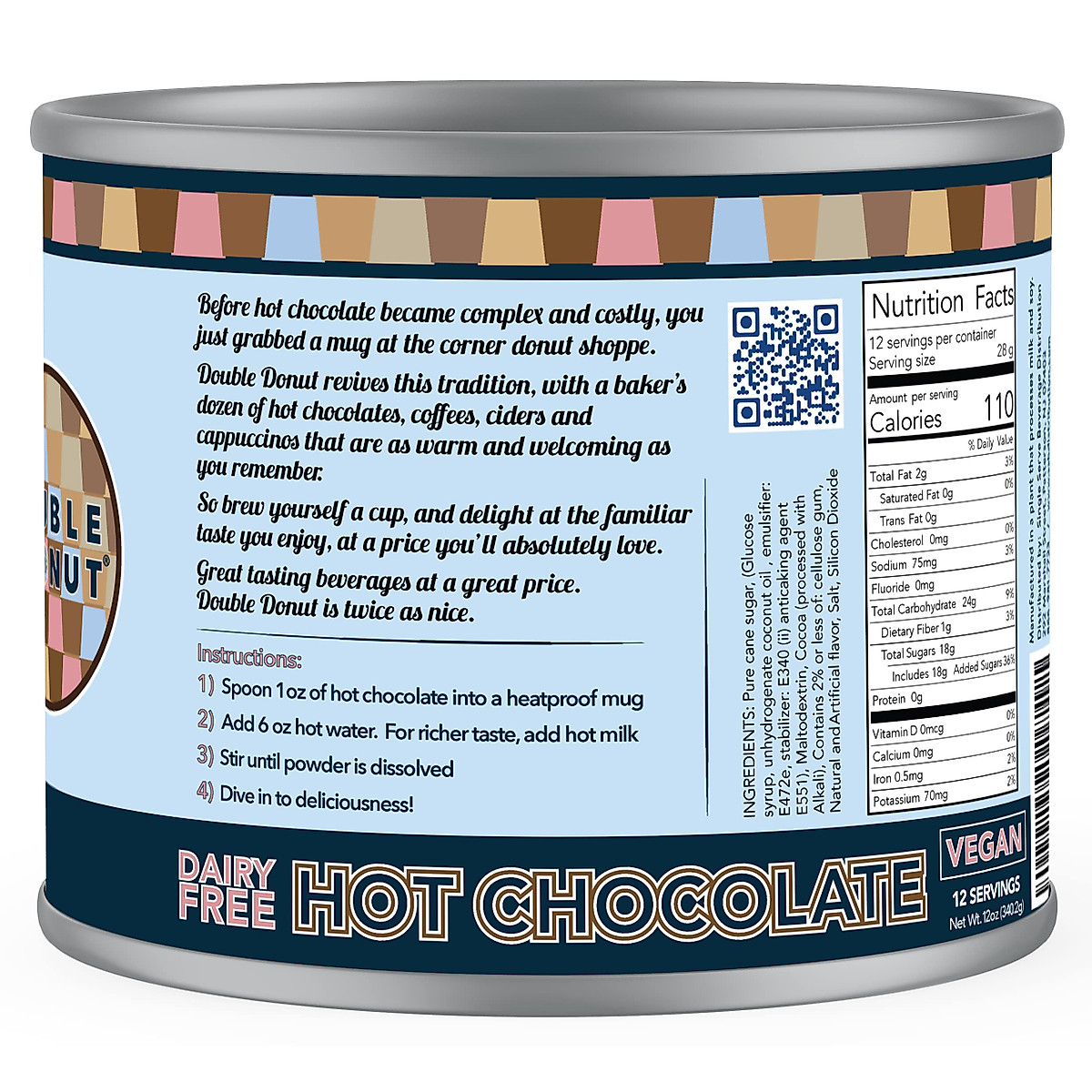 Double Donut Dairy Free Hot Chocolate Mix, Non Dairy Instant Vegan Hot Chocolate Mix, 12 Ounce