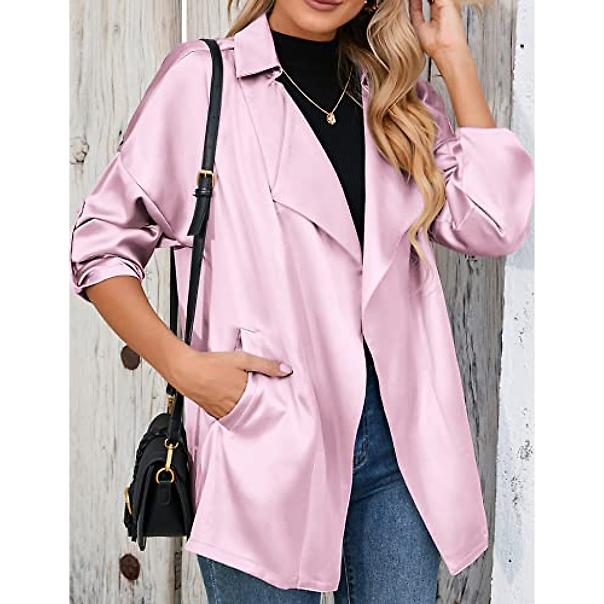 Zeagoo Womens Blazers for Work Professional Satin Oversized Blazer Jackets with Pockets,Pink Purple Small