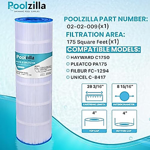 Poolzilla 1 Pack Pool Filter Replacement Cartridge for PLF175A, Filbur FC-1294, Hayward C1750, CX1750RE, PA175, Unicel C-8417, Waterway PCCF-175, 25230-0175S, 817-0175P, Sta Rite PXC 175