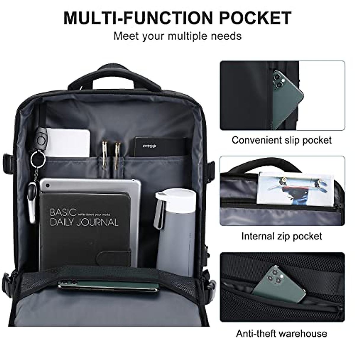 Large Laptop Travel Backpack for Women Carry On Airline Flight Approved Expandable Work Personal Item size Backpack with laptop compartment for College Men Hiking Waterproof Mochila de Viaje Black