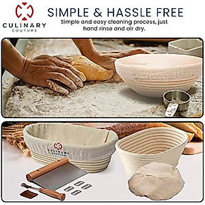Banneton Bread Proofing Basket Set - 2 Oval 10" Bread Baskets with Liners and bread making tools - Sourdough Proofing Baskets - Bread Baking & Sourdough Starter Kit by Culinary Couture