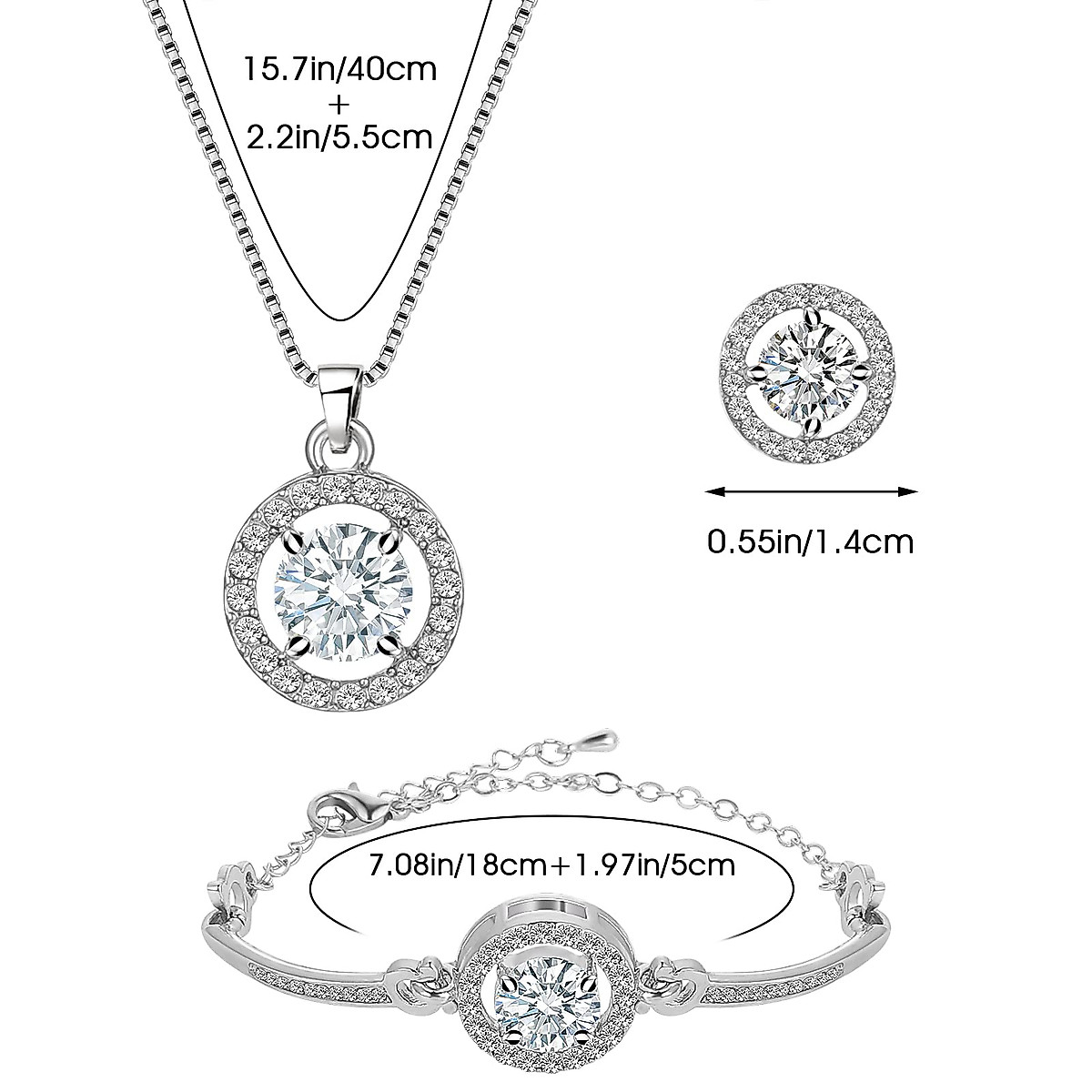 Crystal Jewelry Set for Women Silver Cubic Zirconia CZ Jewellery Bridal Pendant Necklace Bracelet Earrings Set for Wedding Bride Bridesmaids Jewelry Set