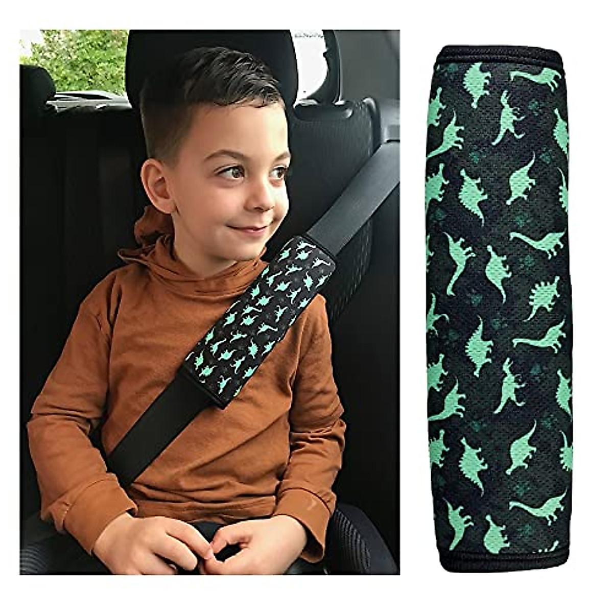 1x HECKBO Dino Dinosaur Seatbelt Protector for Children Boys Girls, Belt Shoulder pad Pads, car seat Belt Protection, Safety seat Belt pad Pillow, Kids Belt Padding - 2.36“ x 8.27"