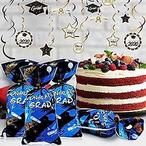 100 Pieces Graduation Cellophane Treat Bags, Congrats Graduates Candy Present Bags Plastic Clear Goodie Wrapping Bags with 100 Silver Twist Ties for Graduation Day (Blue)