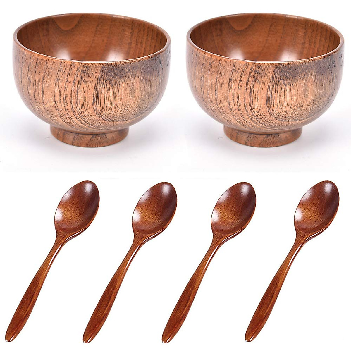 MOTZU 4 Pieces Jujube Wooden Spoons, 2 Pieces Jujube Wooden Bowls, Wood Flatware Cutlery, Tableware Eating Utensils, Grain/Natural Snack Bowl Serving Dish Food Container Tableware Bowl Spoon