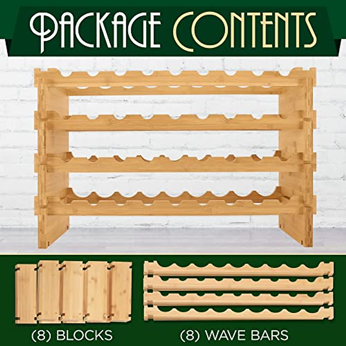 SereneLife 36 Bottle Stackable Wine Rack, 33.5” x 10” x 21” 4-Tier Large Floor Freestanding Modular Wine Bottle Storage Display Shelf Natural Bamboo Wood Construction for Kitchen and Cellar