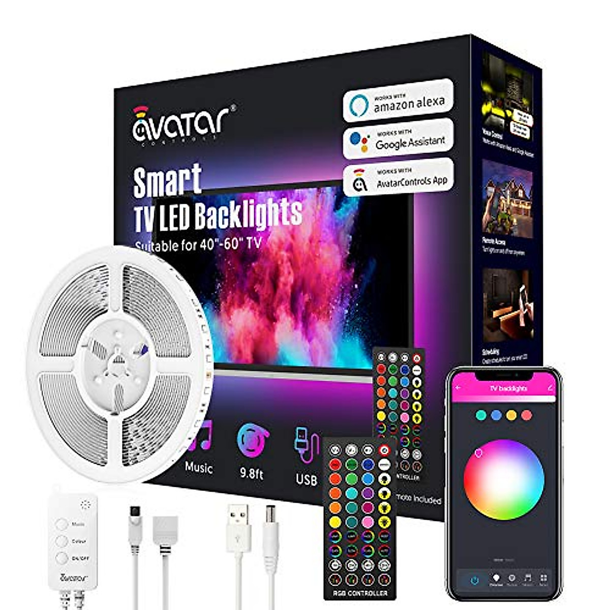 TV LED Backlights, 9.8FT Smart LED Lights for Behind TV with Music Sync 16 Million Colors Changing RGB Strip Lights Compatible with Alexa Google Home for 40-60 inch TVs, WiFi APP Control