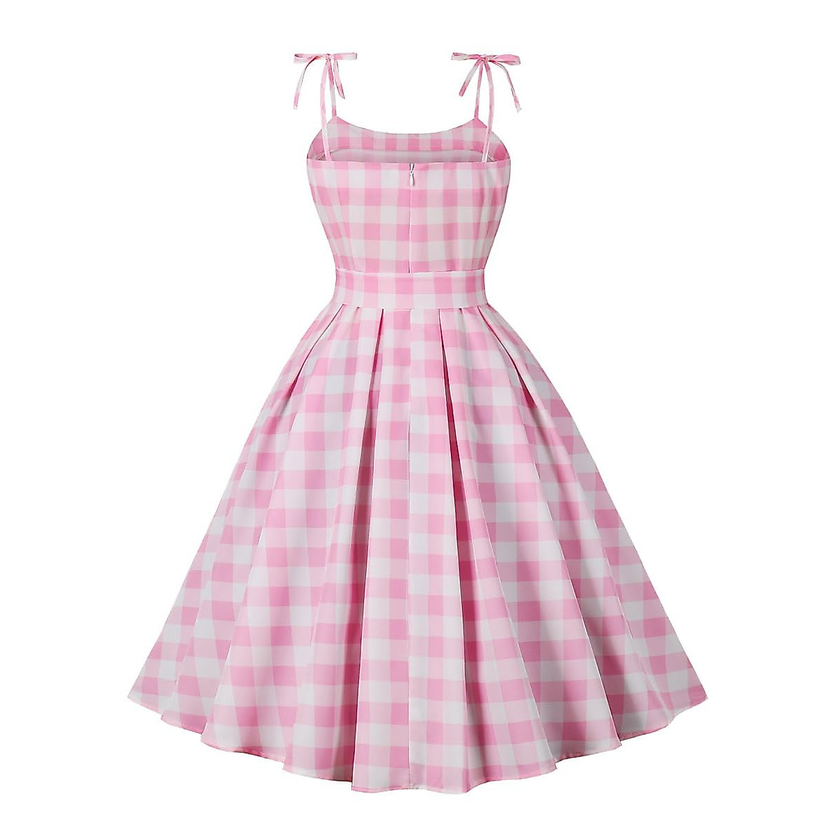 Nihsatin Barbie Pink Swing Dress Tie Shoulder Plaid Printed Knot Waist Dress