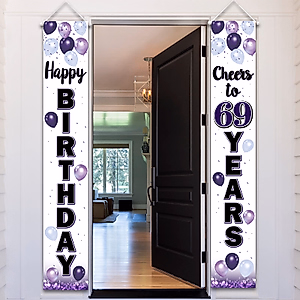 LASKYER Happy 69th Birthday Purple Door Banner - Cheers to 69 Years Old Birthday Front Door Porch Sign Backdrop,69th Birthday Party Decorations.