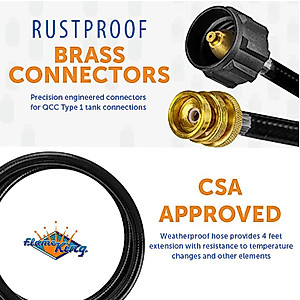 Flame King YSN-QCC-1LB 4-Feet Adapter Hose Converter Replacement for QCC1/Type1 Connects 1LB Bulk Portable Appliance to 20lb Propane Tank, Black