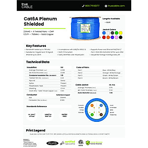 trueCABLE Cat6A Shielded Plenum (CMP), 1000ft, Blue, 23AWG Solid Bare Copper, 750MHz, PoE++ (4PPoE), ETL Listed, Overall Aluminum Foil Shield (F/UTP), Bulk Ethernet Cable