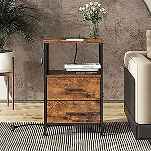 Vabches End Table with Charging Station, Nightstand with USB Port, Outlet and Fabric Bag, 2 Drawers & Open Storage Shelf Side Table, Sofa Cabinet for Living Room, Bedroom, Office