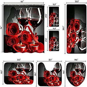 Shower Curtain Sets with Rugs and Towels, Non-Slip Rugs, Toilet Lid Cover, Bath Towel and Mat, Romantic Red Rose Shower Curtain with 12 Hooks